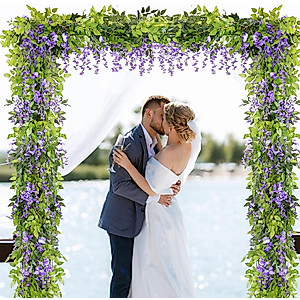 4Pcs 6.6Feet/Piece Artificial Flowers Silk Wisteria Garland Artificial Wisteria Vine Rattan Silk Hanging Flower for Home Garden Outdoor Ceremony Wedding Arch Floral Decor (Purple, 4Pcs 6.6Ft/Piece)