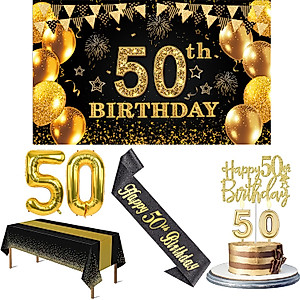 50th Birthday Decorations Men Women with 50th Birthday Banner, Black and Gold Table Cloth, 50 Number Balloons, 50th Birthday Sash, 50th Birthday Cake Topper and 50th Birthday Candles