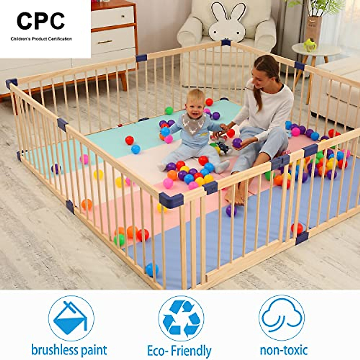 Largest Baby Gate Playpen, Kids Play Fence with Door, Play Area Indoor Kids,Safety Activity Center Playard w/Locking Gate Outdoor,Without Mat（Natural Wood,71”×79”）