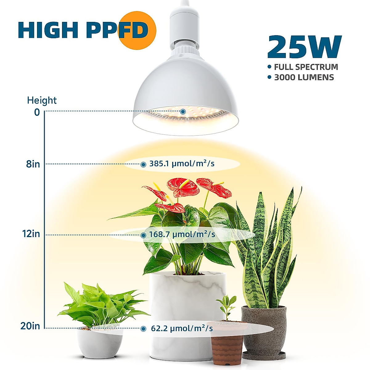 Barrina LED Grow Light Bulb, 50W Full Spectrum, with 16.4FT Power Cord, Hanging Grow Lights for Indoor Plants, Large Tall Plant, Garden, Flowers, Greenhouse, 2-Head