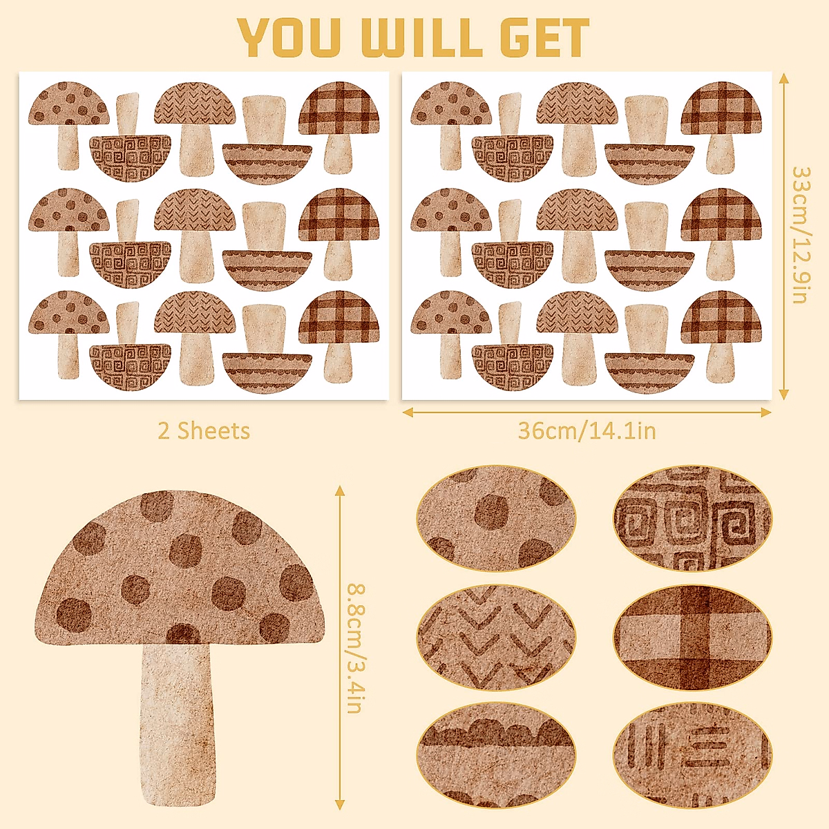 Watercolor Mushroom Wall Decals Mushroom Stickers Decor for Walls Peel and Stick Removable Retro Room Wall Art Decor Vinyl Wall Sticker for Bedroom Living Room Classroom Office