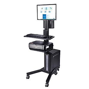 AW Rolling Computer Cart Adjustable Mobile PC Standing Workstation with Monitor Mount Keyboard Tray Printer CPU Holder Wheels for Shop Home Office Black