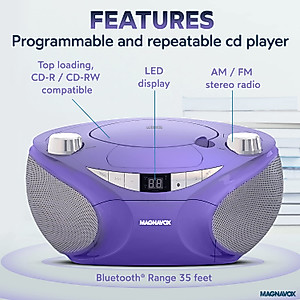 Magnavox MD6949 Portable Top Loading CD Boombox with AM/FM Stereo Radio and Bluetooth Wireless Technology in Black | CD-R/CD-RW Compatible | LED Display | (Purple)