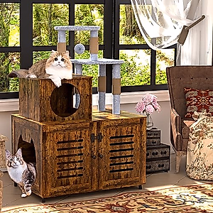 EasyCom Litter Box Enclosure, Hidden Cat Tree Tower Furniture for Indoor House, Modern Wooden All-in-one Cat Litter Cabinet with Scratching Post and Condo, Brown