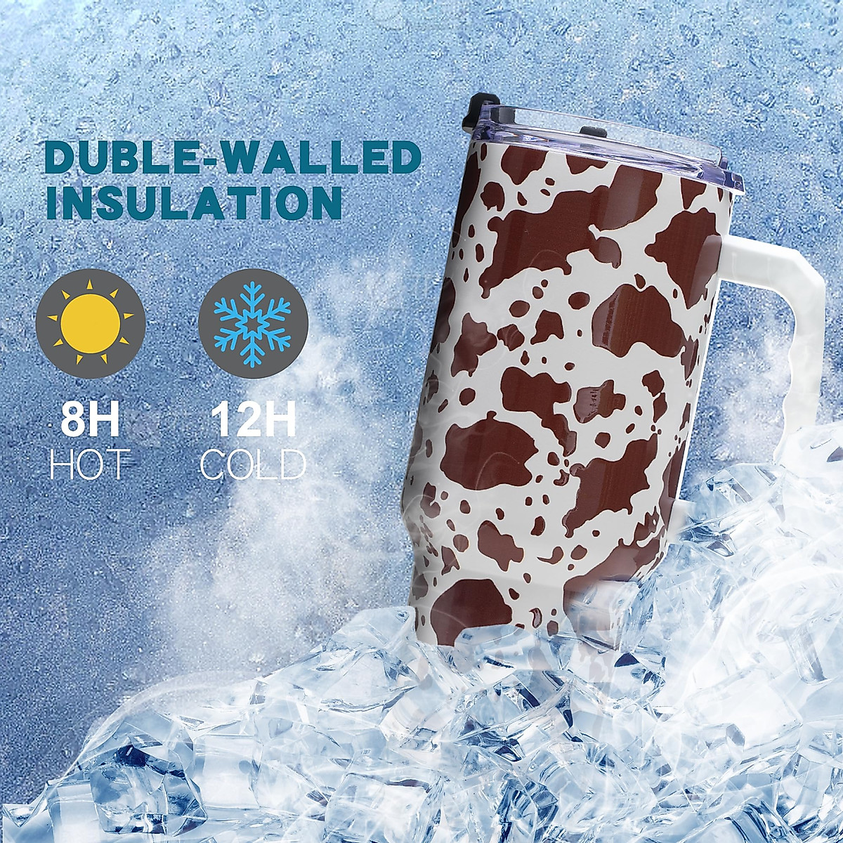 Gome 40 oz Camouflage Cow Print Tumbler with Handle - Insulated Stainless Steel Cow Cup with Lid and Straw - Keeps Drinks Cold and Hot, Birthday Gifts for Women - Hand Wash Only