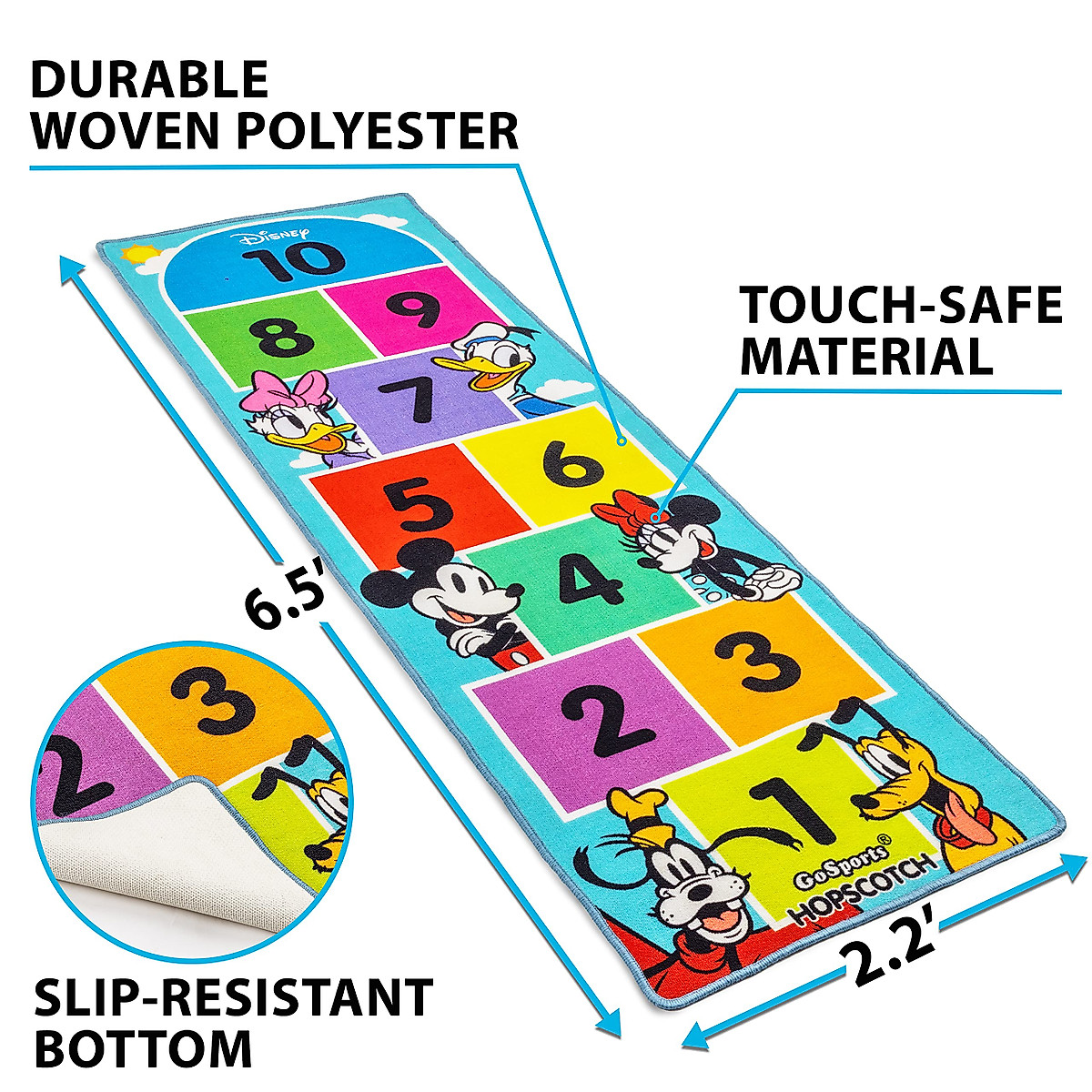 Disney Mickey and Friends 6.5 ft Hopscotch Rug by GoSports - Indoor/Outdoor Playroom Game for Kids