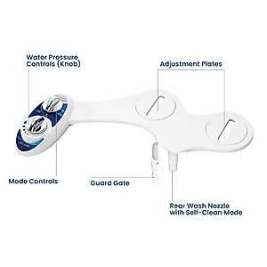 LUXE Bidet NEO 120 Blue Ultimate Upgrade Bundle - Self-Cleaning Non-Electric Bidet Attachment, Comfort Fit Elongated Toilet Seat, Shutoff Valve T-Adapter, and Toilet Seat Bumpers