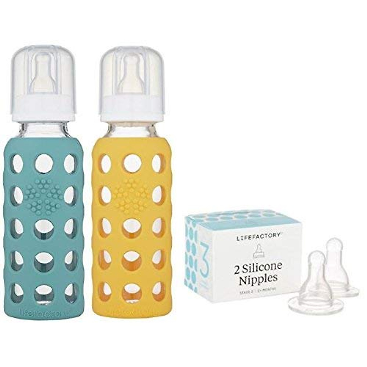 Lifefactory 9oz Glass Baby Bottle 2pk Bundle with 2 Stage 3 Nipples (Kale/Mango)