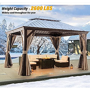 LAUSAINT HOME 10'x12' Permanent Outdoor Gazebo, Heavy Duty Metal Hardtop Double Roof Gazebos with Aluminum Frame & Enclosed Khaki Curtains and Mosquito Nettings for Lawn and Garden