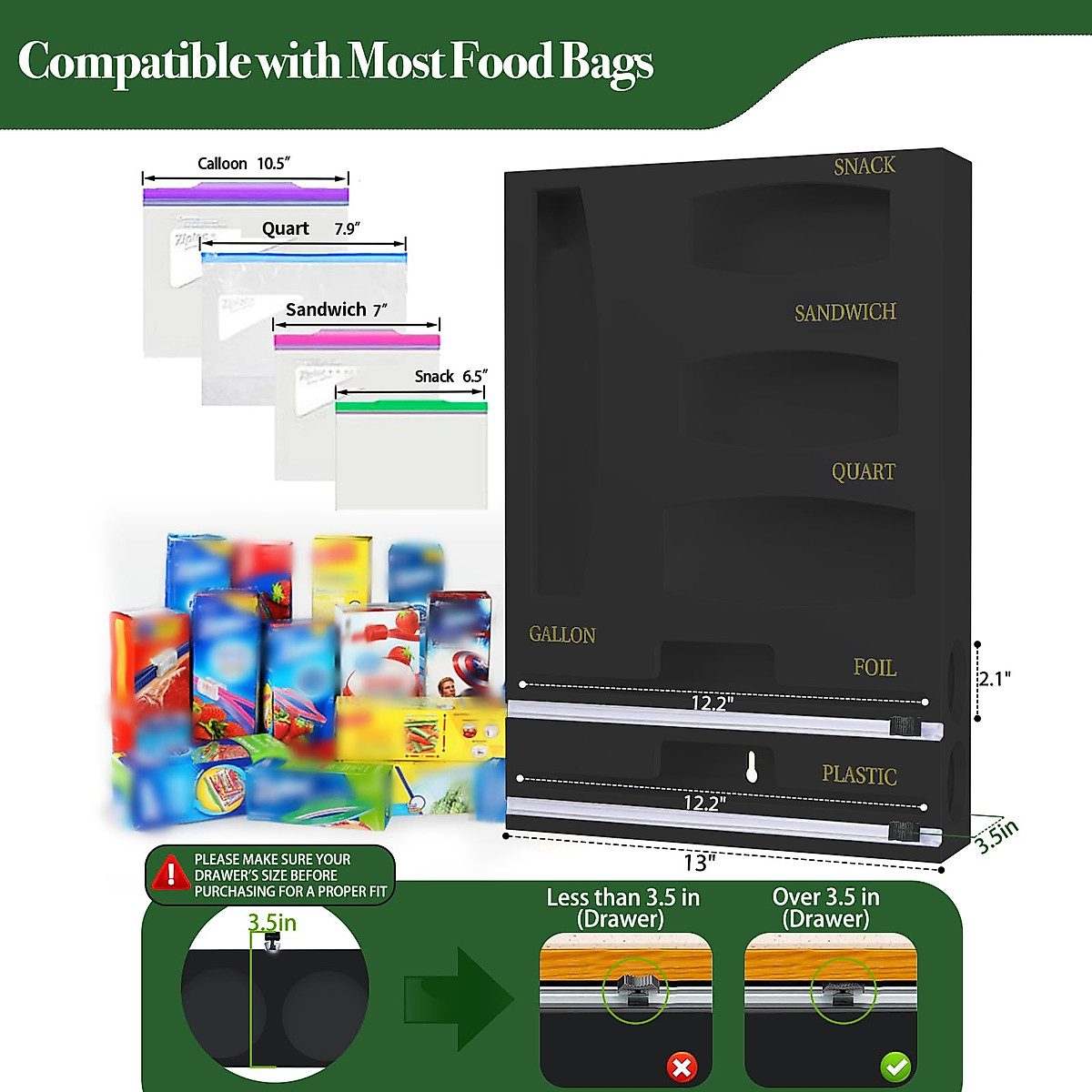 Jeethemy Bag Organizer Compatible with Ziplock, Foil and Plastic Wrap Organizer, 6 in 1 Bamboo Dispenser with Cutter for Kitchen Drawer and Wall Mounted, Storage for Gallon,Quart,Sandwich,Snack Black