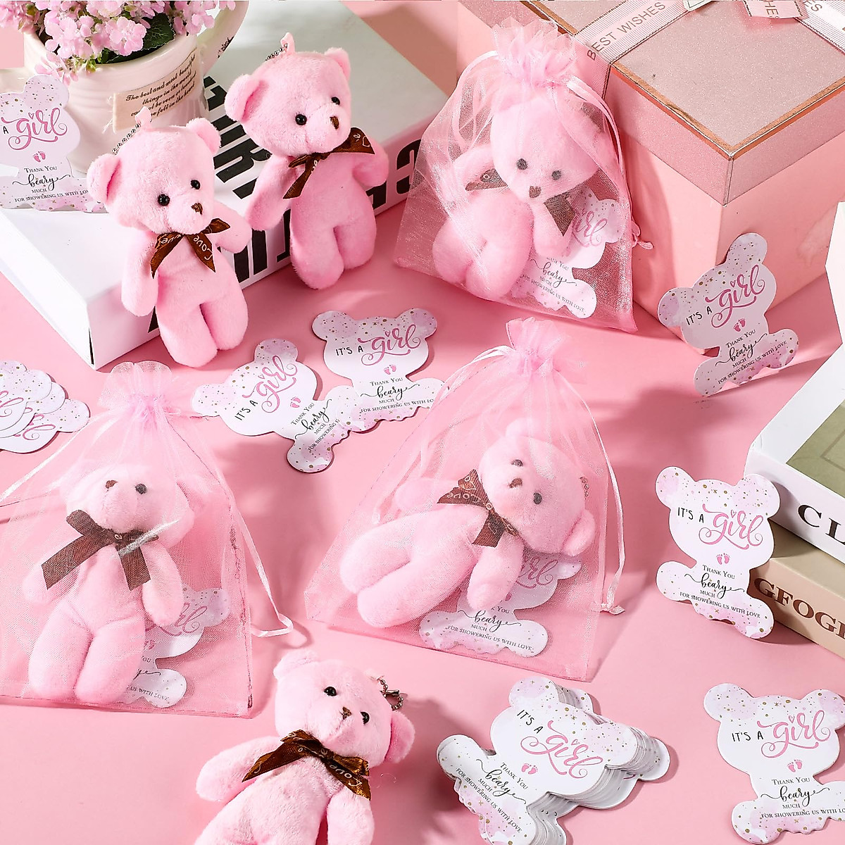 Ceenna 50 Sets Baby Shower Favor Bulk for Guest 50 Tiny Stuffed Bear Toy Plush Bear 50 Thank You Cards and Organza Bag Valentines Day Thank You Tag for Gender Reveal Guest Gifts(Pink)