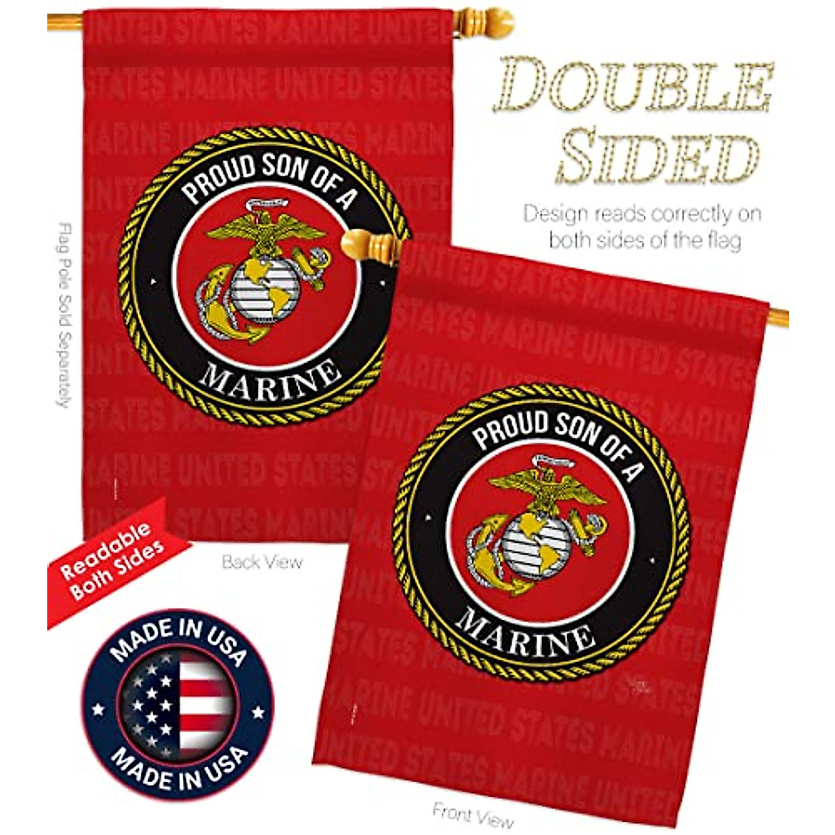 Breeze Decor Proud Son House Flag Pack Armed Forces Marine Corps USMC Semper Fi United State American Military Veteran Retire Official Applique Banner Small Garden Yard Gift Double-Sided, Made in USA