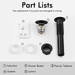 KES Bathroom Sink Drain with Strainer Basket Hair Catcher Anti Clog Pop Up Drain Stopper Vanity Vessel Sink with Overflow, Matte Black S2013A-BK