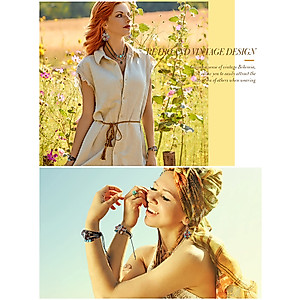 Hicarer 9 Pieces Bohemian Vintage Dangle Earrings Set Boho Retro Rhinestone Drop Earrings Multi-layer Beaded Leather Bracelet and Turquoise Bead Necklace Jewelry for Women