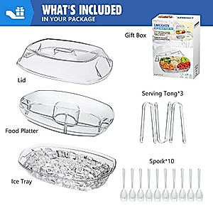 LIMOEASY Chilled Veggie Tray, 15 Inch Clear Party Platter with 4 Compartments, Ice Serving Bowl with Lid, Cold Food Buffet Server for Fruit, Vegetable, Appetizer, Shrimp