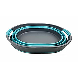 SAMMART 23L (6 Gallons) Collapsible Plastic Laundry Basket - Oval Tub/Basket - Foldable Storage Container/Organizer - Portable Washing Tub - Space Saving Laundry Hamper (Grey/Crystal Blue)