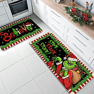 Tailus Christmas Believe Kitchen Rugs Set of 2, Xmas Gifts Stink Stank Stunk Green Kitchen Mats Decor, Red White Stripes Holiday Door Mat Home Decorations - 17x29 and 17x47 Inch