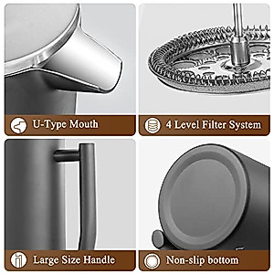 Veken 【Look for a New French Press French Press Coffee Tea Maker 34oz, 304 Stainless Steel Insulated Coffee Press with 4 Filter Screens Milk Frother, Rust-Free, Dishwasher Safe, Grey