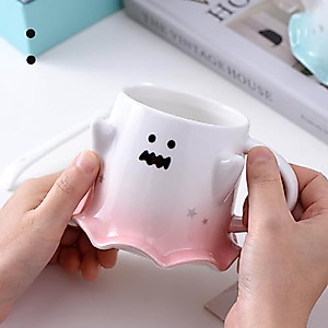 Mycheny Funny Halloween Pink Ghost Shape Ceramic Coffee Cup (14 oz), Cute Cartoon Little Elf Cup