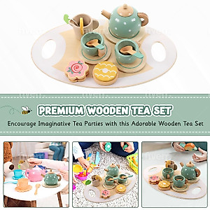JEVASO KID'S Wooden Tea Party Set for Little Girls, Toddler Tea Set Food Pretend Play Accessories, Kids Kitchen Montessori Tea Set Wooden Toys for 2 3 4 5 6 Year Old Girl.