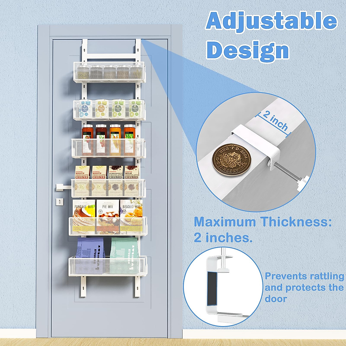 Emmalee Over the Door Pantry Organizer, 6-Tier Hanging Spice Rack with Adjustable Hooks Detachable Frame, Space Saving Door Organizer for Kitchen, Storage Room, Bathroom, Bedroom (6 Tier, White)