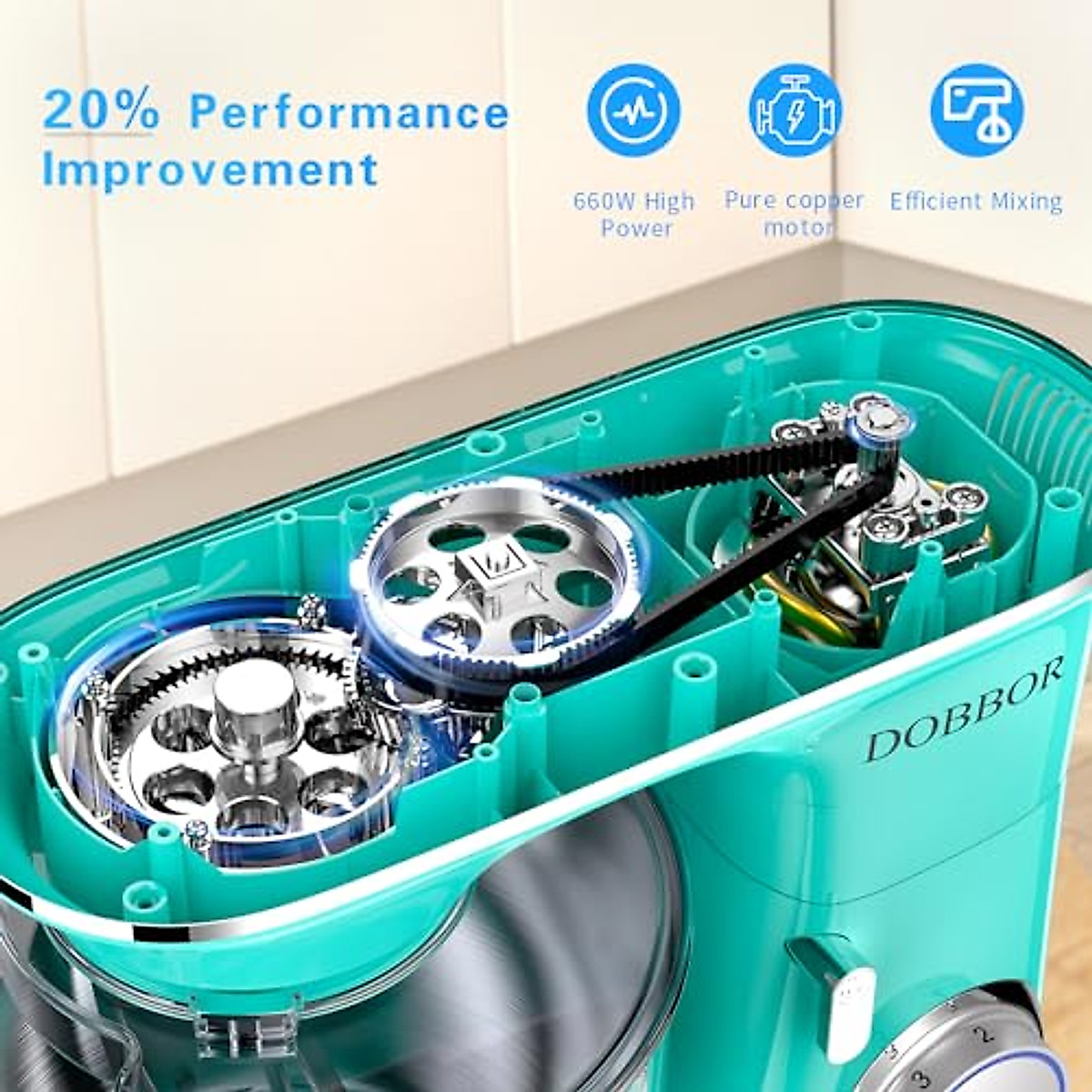 DOBBOR Electric Stand mixer, 9.5QT 660W 7 Speeds Tilt-Head Dough Mixers, Bread Mixer with Dough Hook, Whisk, Beater, Splash Guard for Baking Bread, Cake, Cookie, Pizza, Muffin, Salad and More - Blue