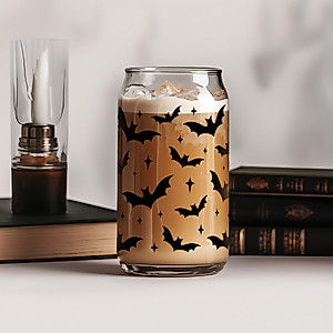 Fairy's Gift Halloween Bats Cup, Halloween Spooky Gifts, Gothic Bat Glass Cup, Cute 16 oz Iced Coffee Cup, Halloween Party, Boo Basket Stuffers, Bat Themed, Halloween Gifts for Women Men Bat Lover