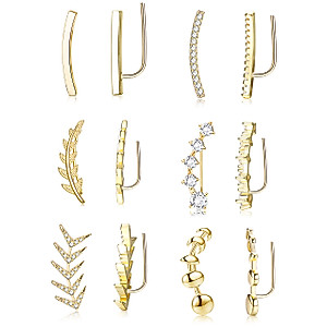 LOYALLOOK 6 Pairs Ear Cuffs Hoop Climber Earrings for Women CZ Leaf Crawler Stud Earring Ball Arrow Cuff Earrings Set, Gold