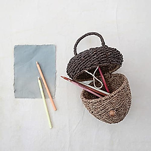 Creative Co-Op Handwoven Bankuan Acorn Shaped Basket with Lid and Wood Handle, Brown and Natural Decorative Storage, 7" L x 7" W x 8" H, Brown & Natural