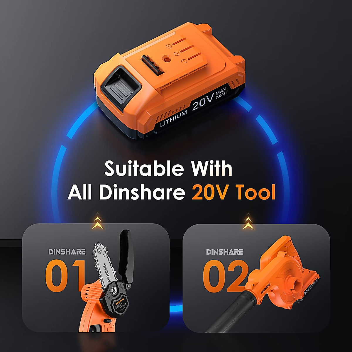 DINSHARE 20V 2.0Ah Battery Fast 2000mAh Lithium-ion Battery Packs for Cordless Tools, Long Life Li-ion Battery Leaf Blower (JC-7001) and Mini Chainsaw (JC-6001), Support Fast Charging