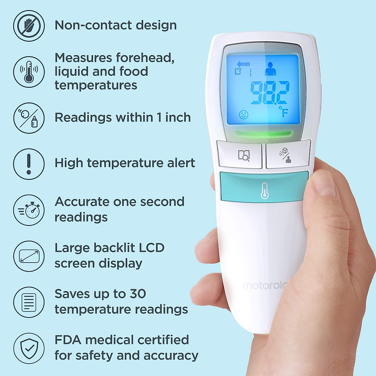 Motorola Care 3-in-1 Non-Contact Baby Forehead Thermometer - Body, Food or Liquid Temperature, Handheld Clinical Device for Kids, Adults - No Touch, Quick & Accurate Reader-Large Display, White