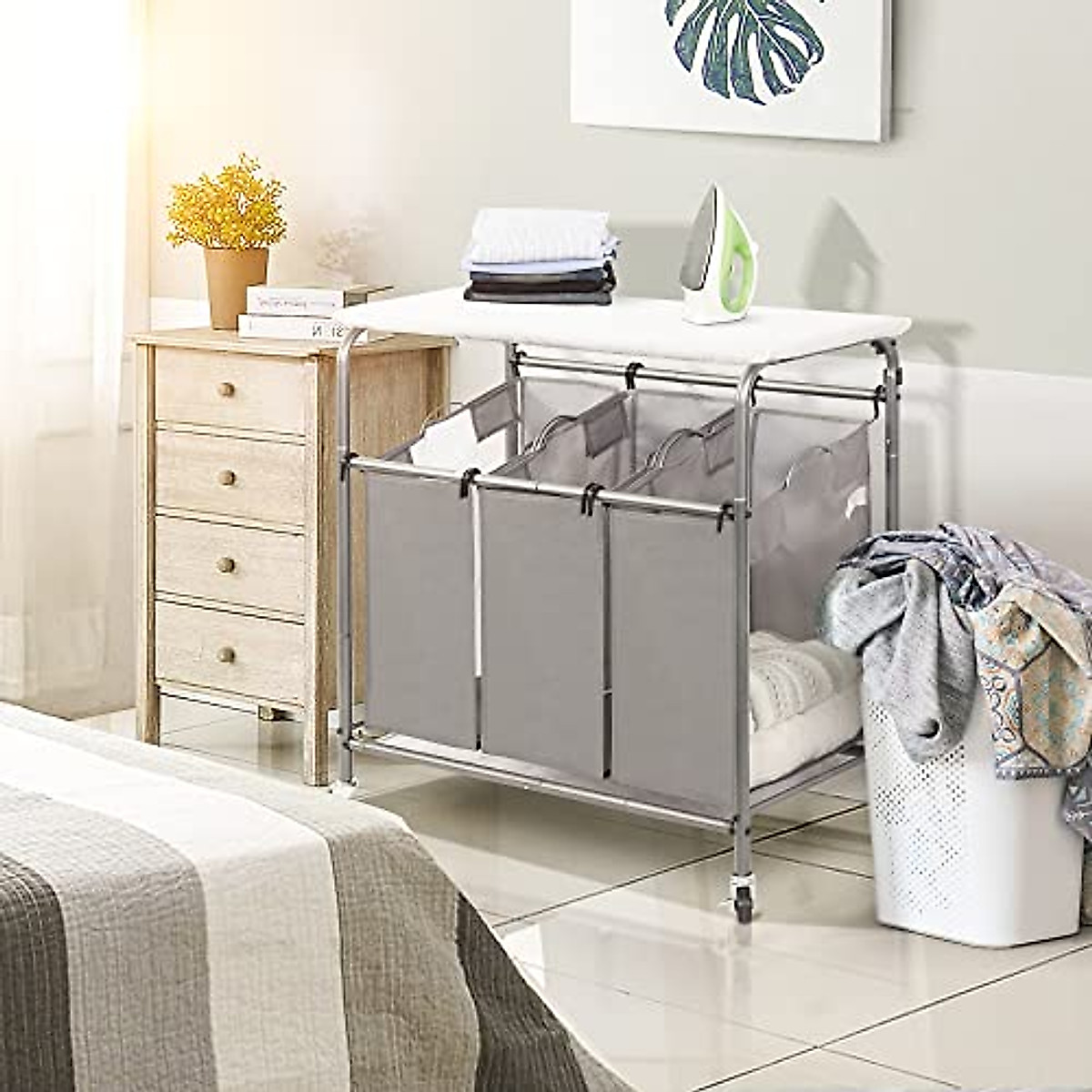 STO STO Laundry Sorter 3 Section with Ironing Board, 3 Bag Laundry Hamper with Folding Table, Laundry Basket with Heavy Duty Lockable Wheels and Removable Bag for Clothes Storage, Gray