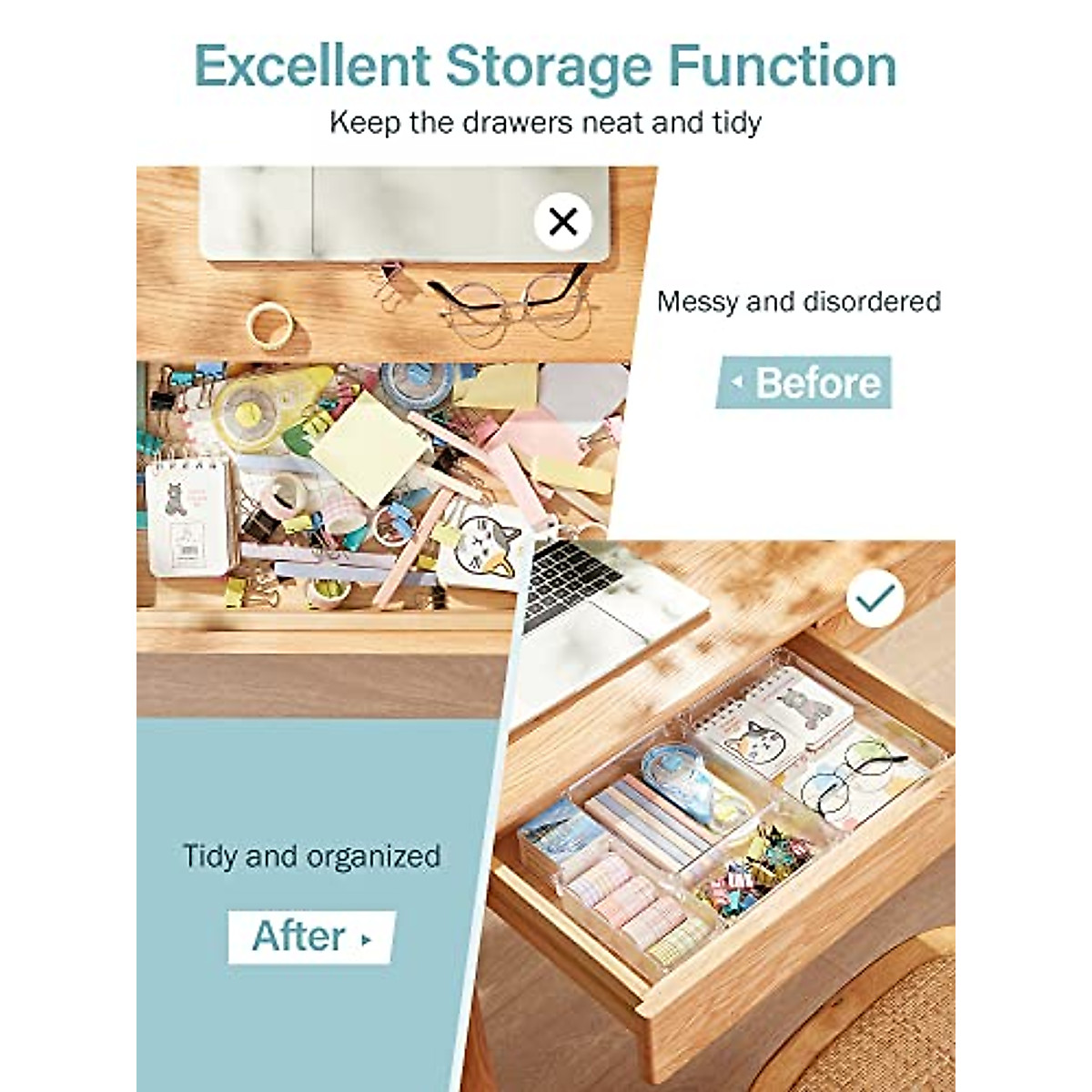 Kootek 6 Pcs Drawer Organizer Set, 3-Size Bathroom Drawer Organizers Makeup Trays Vanity Desk Dividers Versatile Storage Bins Clear Plastic Drawer Organization Container for Dresser, Kitchen, Office