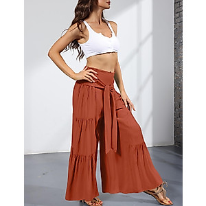 Xiaoxuemeng Women's Tiered Palazzo Pants Flowy Elastic High Waisted Wide Leg Beach Pants (Rust-XL)