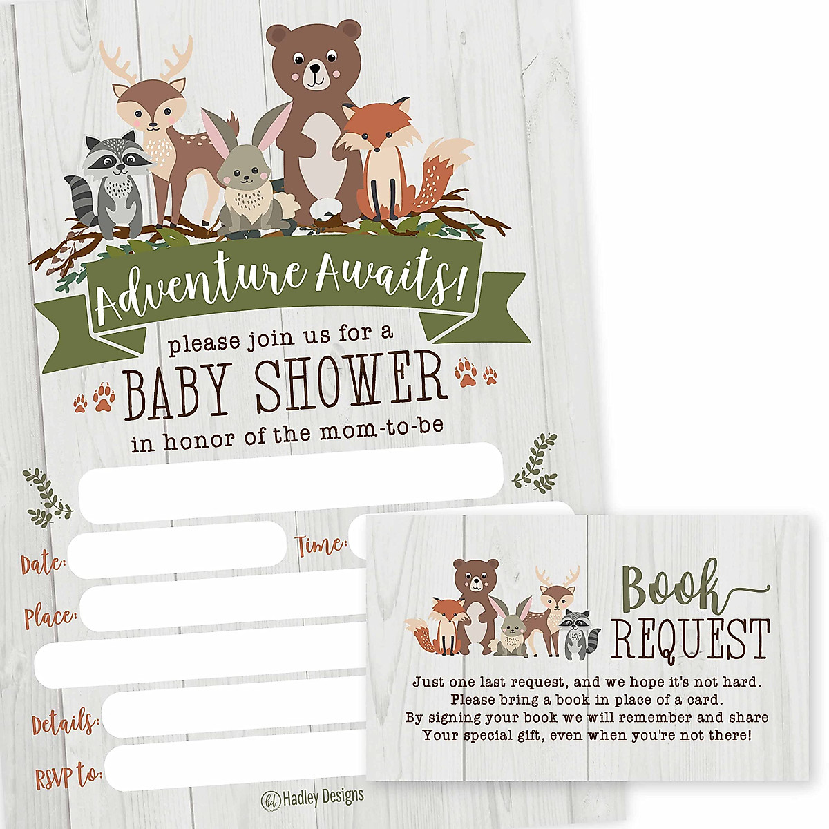 Hadley Designs 25 Cute Rustic Woodland Forest Invitations, 25 Books for Request Cards, Sprinkle Invite for Toddlers, Bring A Book Instead Of A Car, Invitation Inserts for Baby Shower