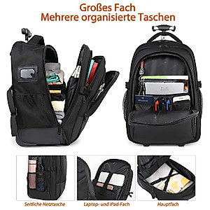 Backpack with Wheels, Large Rolling Backpack for Men Women, Water Resistant Business Travel Carry on Wheeled Backpack Bag, Durable Roller College School Computer Bookbag Fits 15.6 Inch Laptop, Black