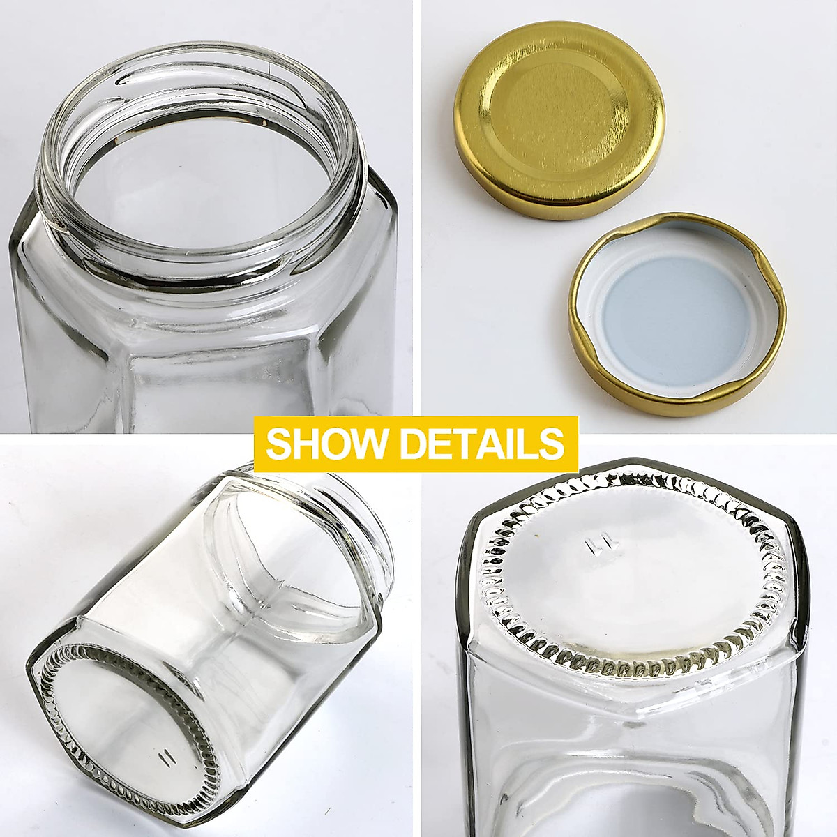 Woaiwo-q 6 oz Hexagon Glass Honey Jars, Glass Jars with Gold Lids,Bronzy Bee Pendants,Wooden Honey Sticks,Small Tags,1.5m Jute Twine -Clear Hexagon Jars for Honey,Jams, Liquid.(25 Pcs)…