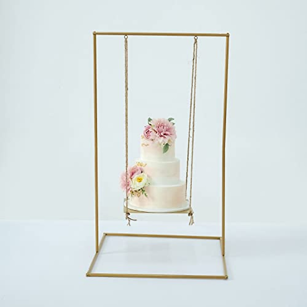 TABLECLOTHSFACTORY 3ft Tall Gold Metal Hanging Dessert Display Centerpiece with Jute Rope, Cake Stand Swing