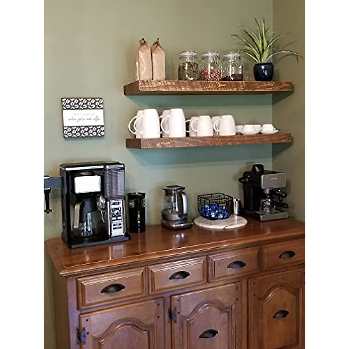 Joel's Antiques Floating Wall Shelf, Solid Pine, Shelving for Bathroom, Kitchen, Living Room, Patented Easy Install, Medium Brown, 30" x 8" x 2"