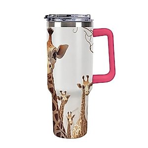 40 Oz Vacuum Tumbler with Light Rose Red Handle Leakproof Insulated Tumbler Cute Cartoon Funny Giraffes Stainless Steel Travel Mug with Lid And Straw Coffee Cup Cute Water Bottles Cup Holder Friendly