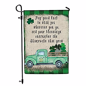 St Patricks Garden Flag - Buffalo Check Shamrock Outdoor Flag - Celtic Irish Blessing Garden Flag - Green Truck St Patricks Flag - Irish Flag 12 x 18 inch size by Jolly Jon