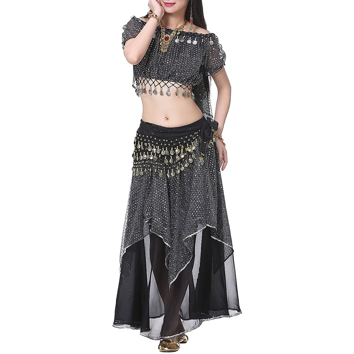 REINDEAR Vogue Style Chiffon Dangling Gold Coins Belly Dance Hip Scarf (Black)