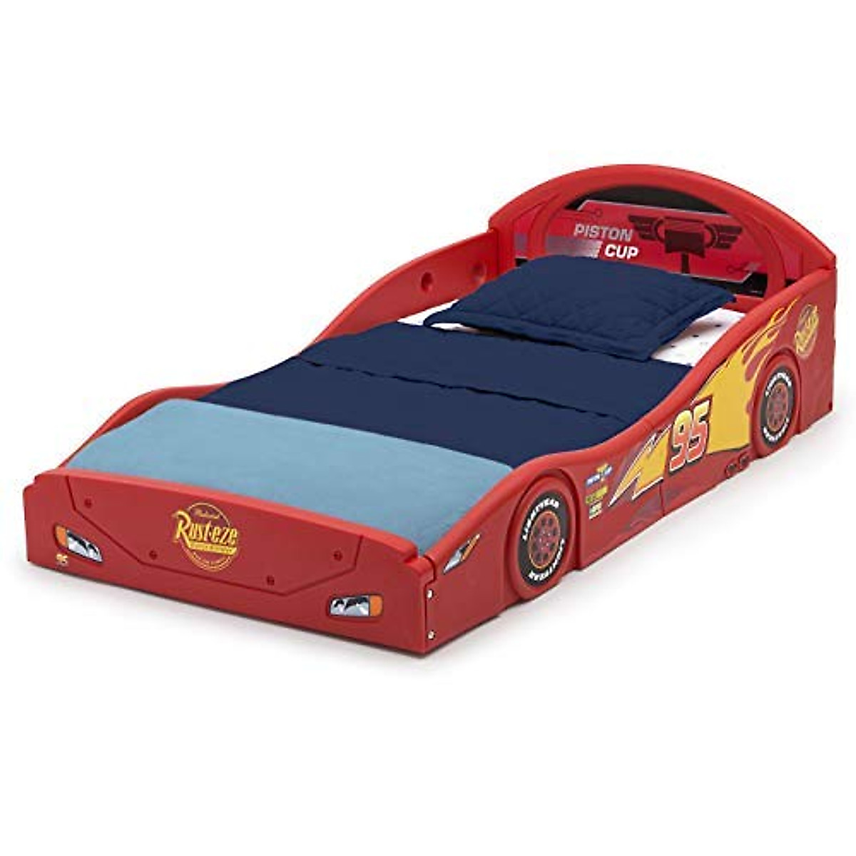 Delta Children Disney Pixar Cars Lightning McQueen Race Car Sleep and Play Toddler Bed with Attached Guardrails