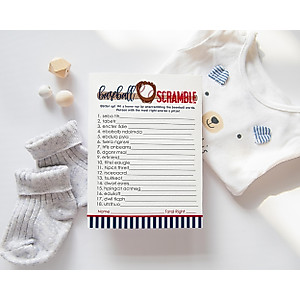 Baseball Word Scramble Game, 25 Pack - Fun Sports Themed Party Game, Bridal Shower Games for Guests, Couples Unscramble Activity Cards, Gender Reveal BBQ Ideas, Summer Party Supplies, Red and Blue