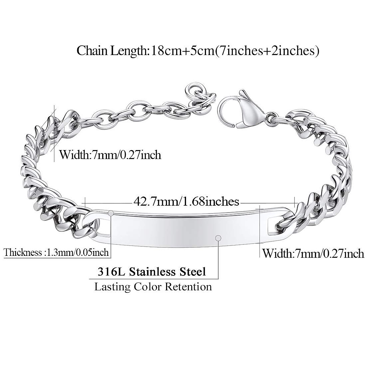 FindChic Custom ID Bar Bracelets for Men Women Stainless Steel Chunky Cuban Link Chain 7inch Wrist Links Inspiration Bracelets Couples Name Plate Matching Bangles Jewelry Gift