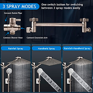 Shower Head Combo(Brushed Nickel),10'' High Pressure Rain Shower Head with 11'' Adjustable Extension Arm and 5 Settings Handheld,Powerful Shower Spray Against Low Pressure Water