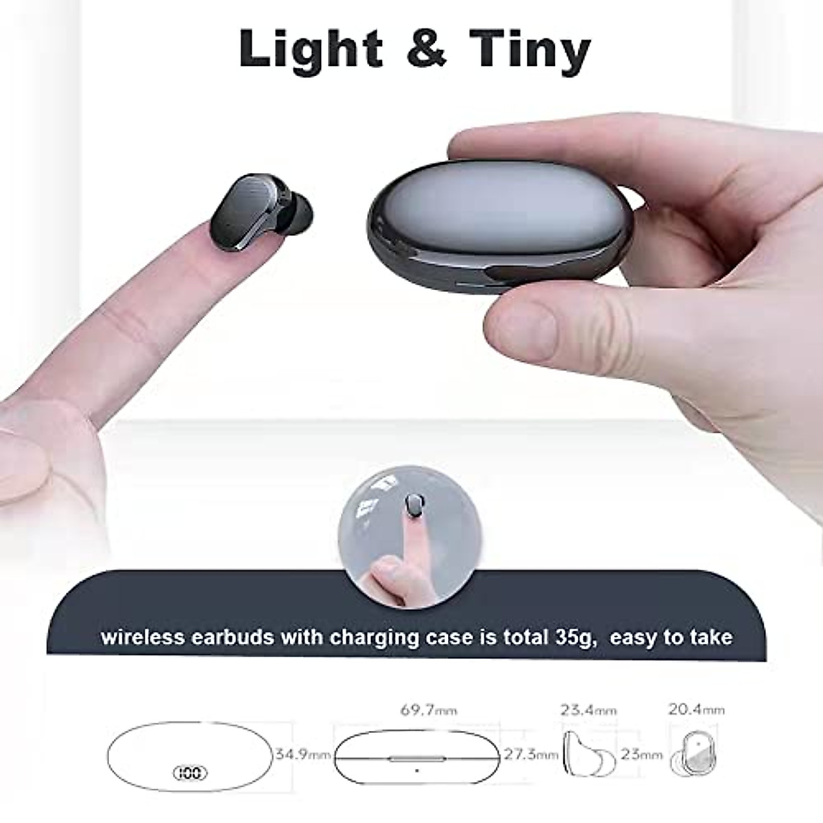 NVAHVA True Wireless Invisible Earbuds, Headphones with Microphone for iPhone Android, USB-C Charge, IPX5 Waterproof, Touch Control, Small Bluetooth Earbuds for Commute Sports Sleep (Black)