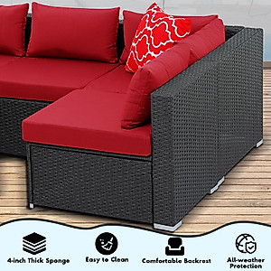 YIORTWO 7 Pieces Patio Furniture Set Conversation Furniture Sets, Outdoor Wicker Patio Sectional Furniture with Waterproof Cushions and Coffee Table for Backyard Lawn Garden Porch Poolside, Red