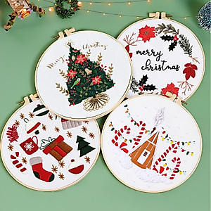 Sivilife Christmas Embroidery Starter Kit for Beginners, 4 Sets Stamped Cross Stitch Kits for Adult, Cute Sock Gift Pattern Hand DIY Kit with 2 Embroidery Hoops Instructions Color Threads and Needles