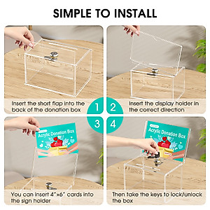 MaxGear Acrylic Donation Box with Lock and Sign Holder, Clear Ballot Box Donation Boxes for Fundraising (6.25" x 4.5" x 4") with Lock - Clear